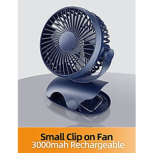 Viniper Rechargeable Clip Fan, Battery Operated Fan : 4 Speeds Strong Wind & 360° Rotation, Sturdy Clamp, Portable Clip on Fan, Quiet and Powerful for Home Office Travel Camping (Blue)