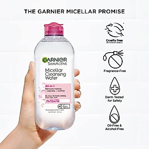 Garnier Micellar Cleansing Water, All-in-1 Makeup Remover and Facial Cleanser, For All Skin Types, 3.4 Fl Oz (100mL), 1 Count (Packaging May Vary)