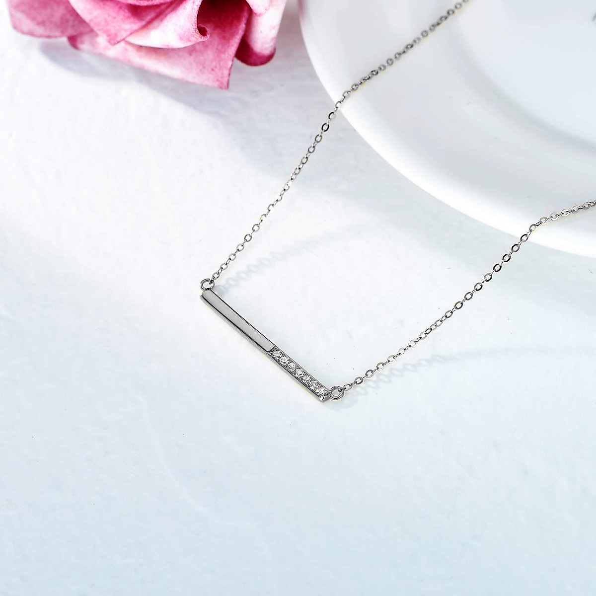 14K Solid Gold Diamond Bar Necklace for Women, 0.1 ct Round Natural Diamond White Gold Bar Pendants Fine Jewelry for Wife, Mom, Girlfriend (E-F, SI2-I1) 16"-18"