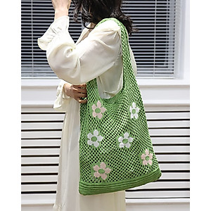 ENBEI Crochet Tote Beach Bag for Women with 6 Flower Pattern, Aesthetic Boho Large Bag, Foldable & Lightweight, Perfect for Beach, Travel, Daily Use & Gift