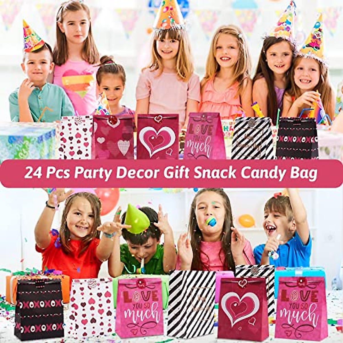 SCIONE 24 Pcs Valentines Day Gift Bags, Valentines Party Favors Bags with Stickers, Classroom Gift Exchange Giving Goody Bags Candy Treat Bags for Gift Wrapping