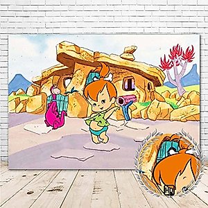 RURU Pebbles Backdrop for Girl 1st Birthday Party Decorations 7x5 Vinyl Dino and Pebblies Banner Flintstones Photograohy Background Room Wall Decor Photo Booth Props One Size