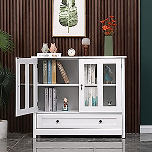 Large Buffet Cabinet for Living Room Kitchen, White Storage Sideboard with Glass Doors and Drawer, Credenza Console Table for Dining Room Entryway, Wooden Serve Cupboard Pantry Cabinet with Shelves