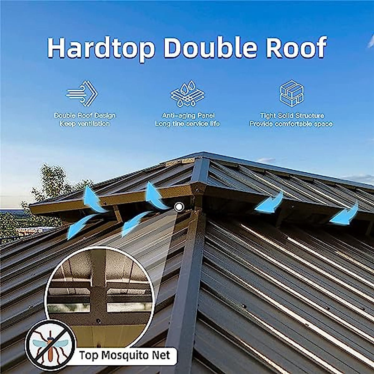 Evedy 12 x 20 Gazebo, Outdoor Wood Grain Aluminum Gazebo with Galvanized Steel, Hardtop Gazebo Patio Double Roof Permanent Metal Gazebo Canopy with Netting and Curtains for Backyard, Patio, Deck