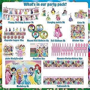 251 Pcs Princess Birthday Decorations, Princess Birthday Party Supplies Include Happy Birthday Banner, Hanging Swirls, Cake Topper, Cupcake Toppers, Backdop, Tablecloth, Balloons, Stickers, Princess Plates, Napkins, Knife, Fork and Spoon for Princess Birt