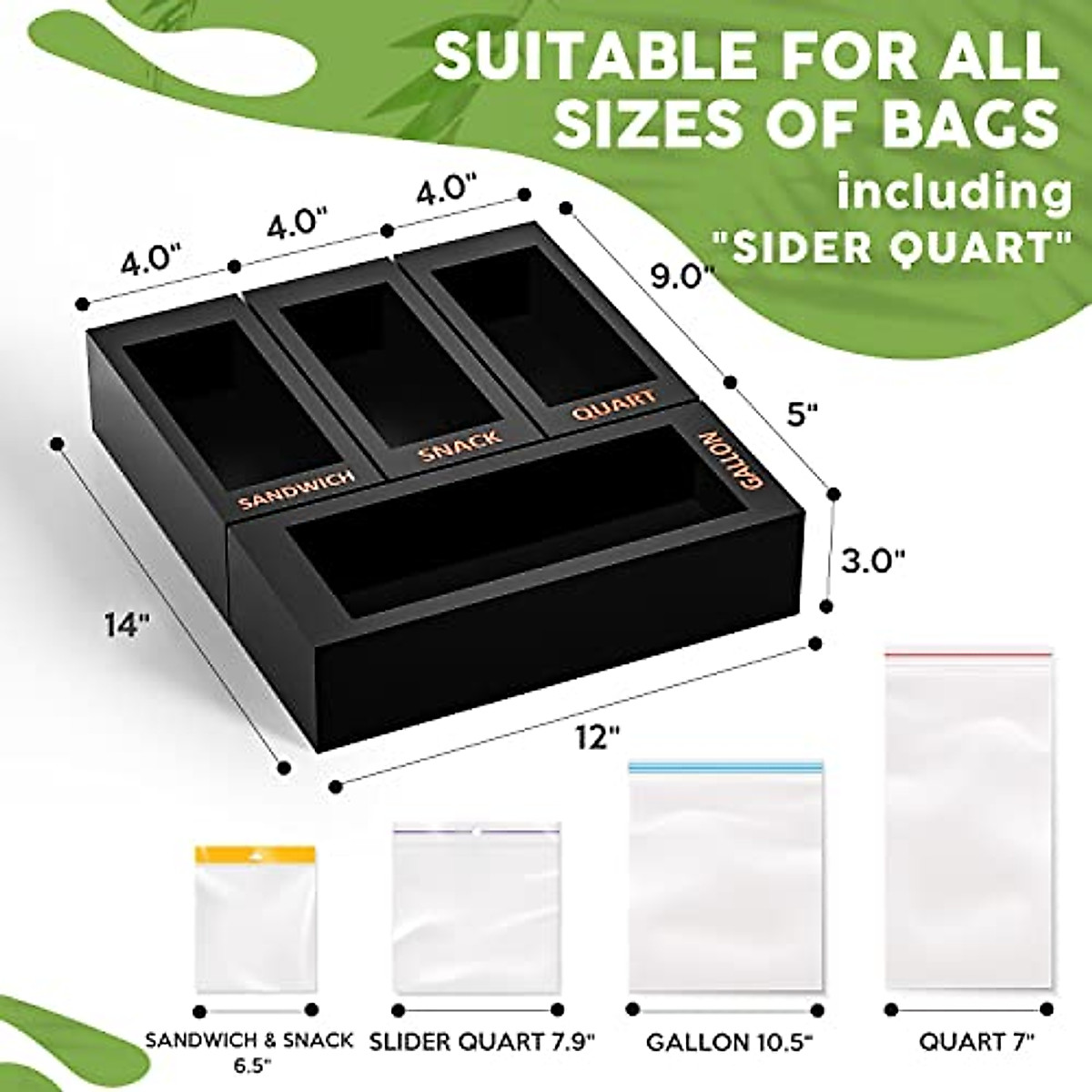 Bamboo Ziplock Bag Storage Organizer for Kitchen Drawer, 4 Separate Food Storage Bag Organizer, 12x14" Baggie Organizer Dispenser for All Brands Gallon, Snack, Sandwich & Quart Slider Bags Black