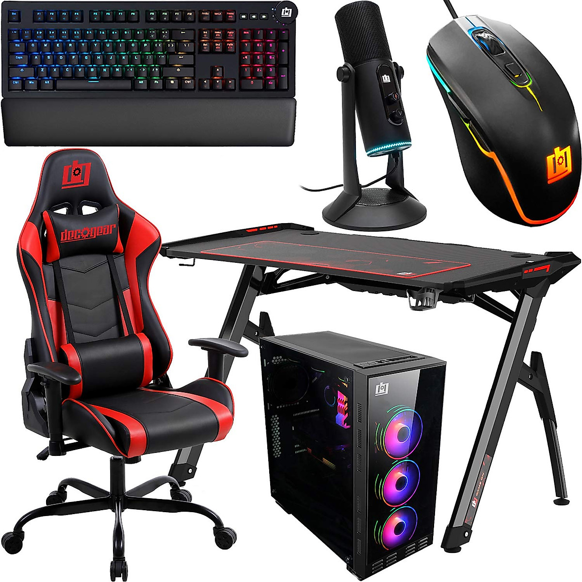 Deco Gear Gaming Desk Setup, Includes LED Keyboard, Chair, Mid-Tower Case, Streaming Mic, Mouse (Large, Red, Glass)