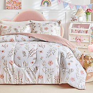 Joyreap 3pcs Floral Cotton Comforter Set for Girls, Pink Flowers n Leaves Botanical Design, Twin Size Soft n Cozy Bedding Comforter Set for All Season- 68x88 inches