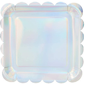 Sparkle and Bash 48-Pack Holographic Silver Foil Square Paper Plates, Scalloped Edge (9 in)