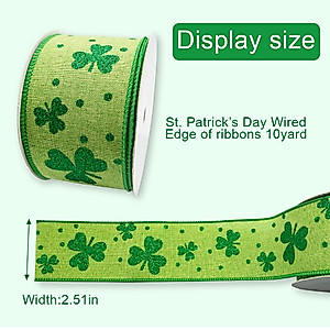 St Patrick's Day Ribbons 2.5" 10 Yards, Black White Plaid Wired Edge Burlap Ribbon Green Glitter Shamrock Wrapping Ribbon for St Patrick's Day Birthday Party Wrapping DIY Craft Decoration Wreaths Bow