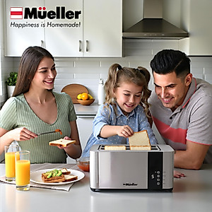 Mueller UltraToast Full Stainless Steel Toaster 4 Slice, Long Extra-Wide Slots with Removable Tray, Cancel/Defrost/Reheat Functions, 6 Browning Levels with LED Display