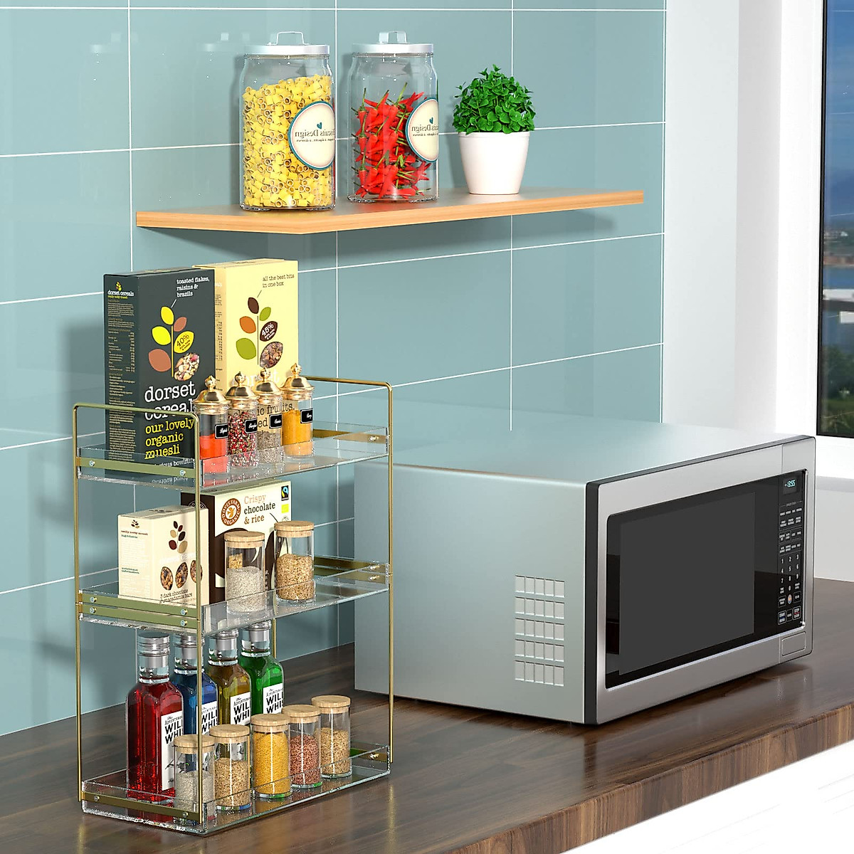 Bathroom Countertop Organizer, 3 Tier Acrylic Tray Vanity Counter Skincare Organizer Shelf, Kitchen Under Sink Standing Rack, Home Storage Holder for Lotion Makeup Cosmetics Perfume Spice, Gold