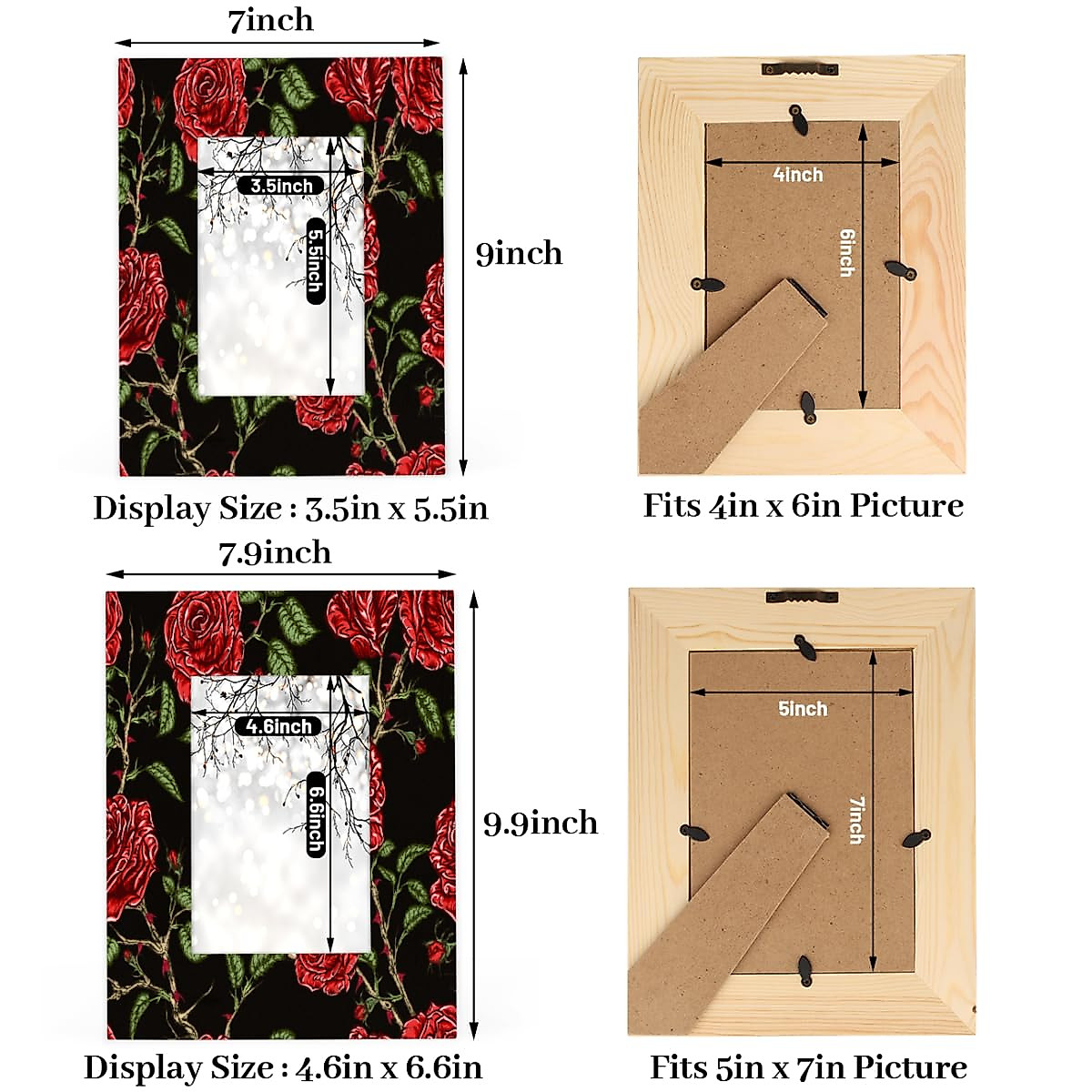 POFATO Skull Red Roses Stems 4x6 Picture Frame Wood Photo Frame for Tabletop Display Wall Mount Picture Frame Display 4x 6 Inch Photo Wall Decor Home Gift Frames