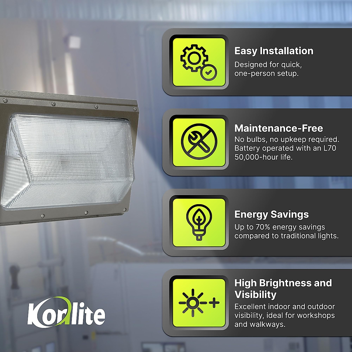 Konlite - 108/90/63W Commercial LED Wall Pack Light with Photocell, IP65 Rated, DLC/ETL Listed Wall Light Fixtures, Wall Lights for Outdoor Lighting, 3 Bright Lvls, Up to 14,040LM, 5000K Daylight