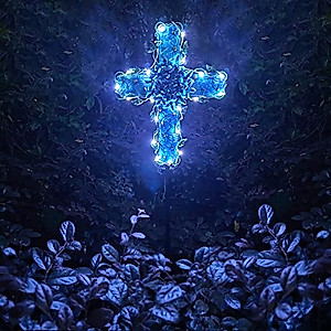 COOZZYHOUR Solar Cross Garden Lights Outdoor Decorative - Solar Metal&Glass Cross Blue Hydrangea Flower Stake Lights- Waterproof 20 Warm White LED for Remembrance Gifts