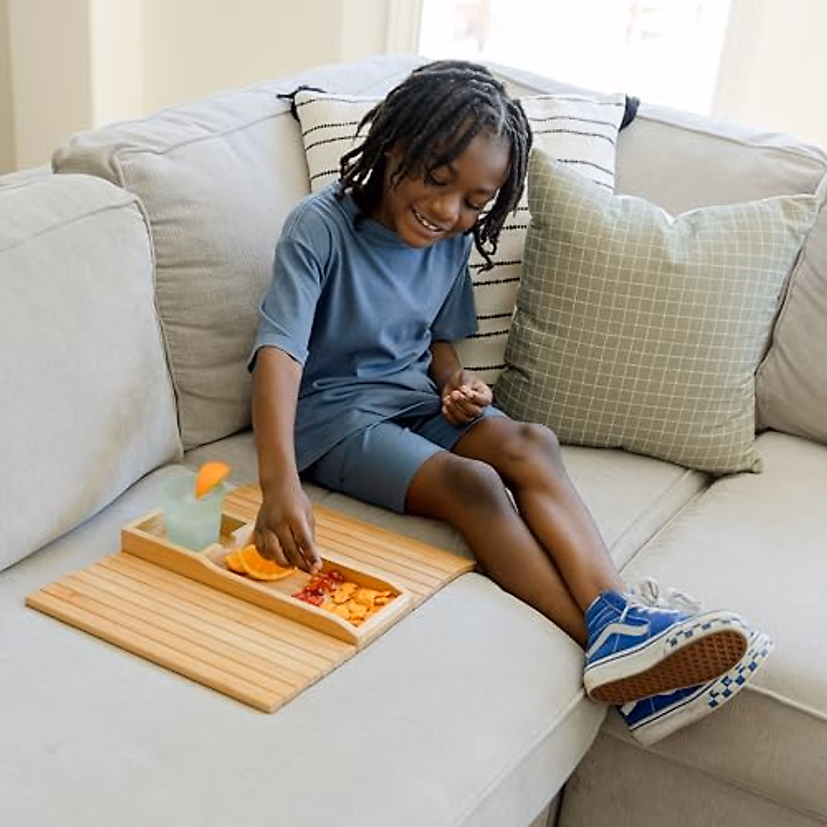 Couch Cup Holder Tray Couch Caddy Anti-Slip Bamboo Sofa Arm Tray *2-Pack* Organizer for Remote Control, Drinks, Snacks, Phone,- Foldable and Easy to Clean, Movie Must-Haves, Armchair Accessories