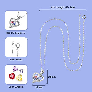 Sterling Silver Personalized 2 Names Necklace with 2 Heart Simulated Birthstone Couple Pendant Necklace for Women (Silver)