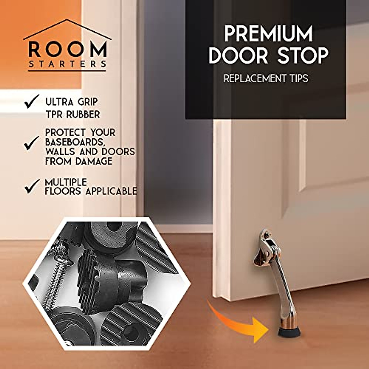 Kick Down Door Stop Ultra Grip Rubber Replacement Tip 10 Pack with Screw by ROOM STARTERS Style 2 (Black, 10 Pack)