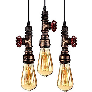 WINSOON Industrial Pendant Light, Rustic Water Pipe Pendant Light Copper Pendant Light, Steampunk Lamp Retro Antique Vintage Metal Hanging Pendant Lighting Fixture, Bronze, 3 Pack