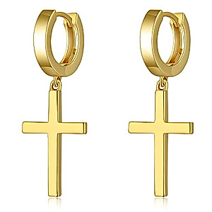Gold Cross Earrings Men Cross Hoop Earrings Mens Cross Earrings Gold Cross Dangle Earrings for Women Mens Hoop Cross Earrings Gold Drop Cross Earrings Hypoallergenic Cross Earring 925 Silver