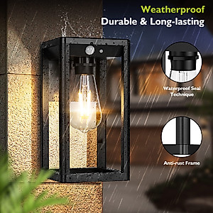 Solar Wall Light Outdoor, Motion Sensor Porch Light Fixture, Wireless Dusk to Dawn Exterior Wall Lantern with 3 Modes and LED Bulb, Waterproof Black Outside Wall Sconce for Front Door Patio Doorway