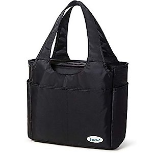 Scorlia Insulated Lunch Shoulder bag, Extra Large Lunch Tote Handbag, Durable Reusable Cooler Ladies lunch Box Bag with Side pockets, Tall Drinks Holder for Women Men Work, Black
