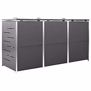 vidaXL Triple Wheelie Bin Shed - Stainless Steel Frame, Outside Bin Storage - Anthracite Colored, Galvanized Steel Panel, Spacious, Anti-Rust, Lockable