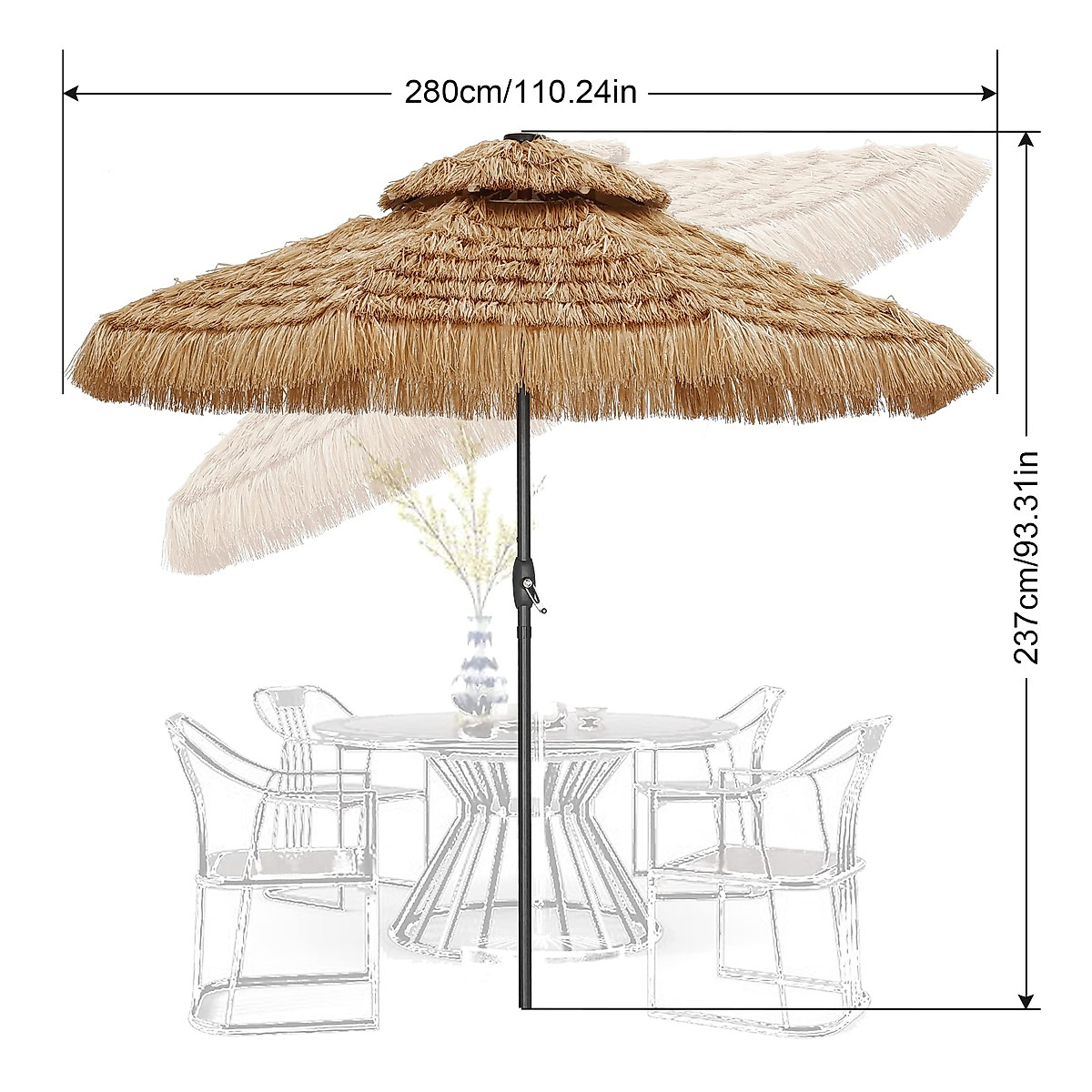 Saemoza 9ft Thatched Patio Tiki Umbrella with Tilt, 32 built-in LED lights 2 Tier Hawaiian Style Beach Patio Umbrella (NO Base)