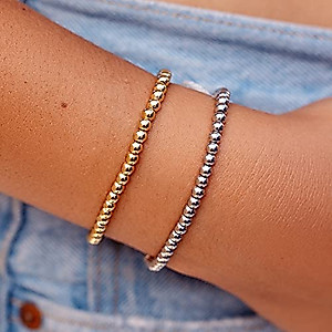Pura Vida Bracelet Silver Metal Beads Beaded Bracelet - Adjustable Bracelet with Waterproof Band, String Bracelet for Women - Stackable Bracelets for Teen Girls, Handmade Bracelets for Teens - White