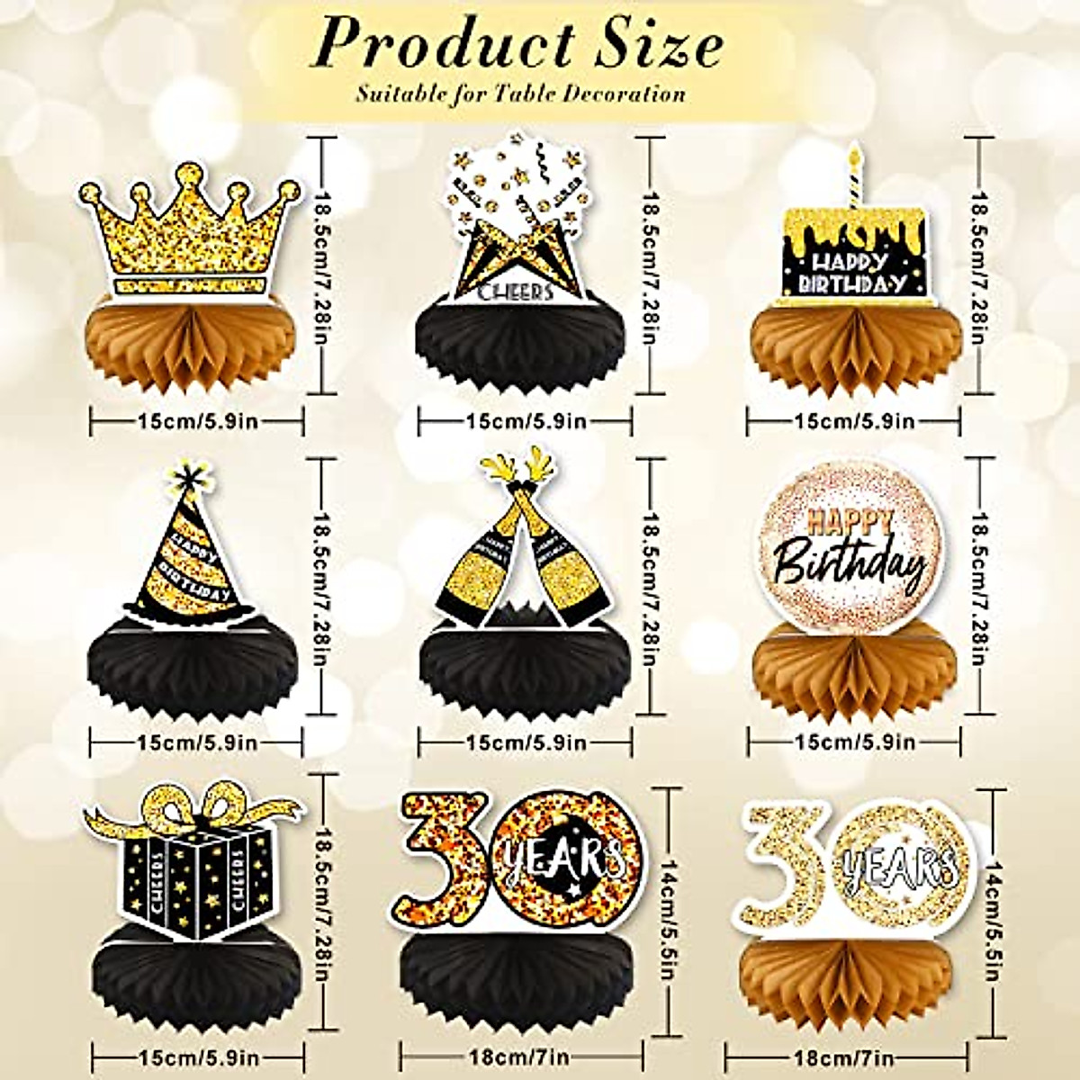 KIMOBER 9PCS 30th Birthday Honeycomb Centerpieces,Black Gold 30 Years Birthday Table Toppers for Thirty Years Birthday Party Decorations