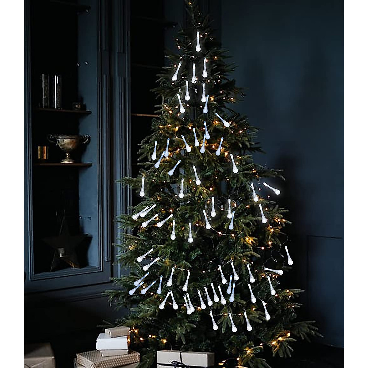 Outdoor Solar String Lights,30 LED Water Drop Solar Lights with 8 Modes,Waterproof Solar Powered Raindrop Lights for Garden Yard Porch Wedding Party Decor -Cold White