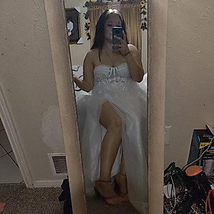 CWOAPO 3D Appliques Teen Girl Prom Dresses Plus Size Birthday Dress for Women Dexy Glitter Tulle Ball Gown with Slit Blue Dress for Wedding Guest US24W