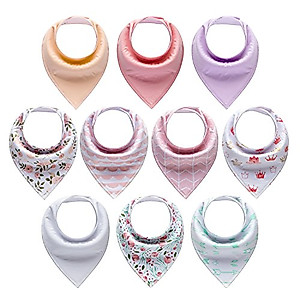 10-Pack Baby Bandana Drool Bibs for Girls with Adjustable Snaps, Organic Cotton Soft and Absorbent Newborn, Toddler Girl Solid Color Bibs for Drooling and Teething by MiiYoung