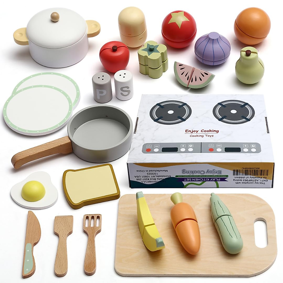 Treehouse kids, Wooden Food Set for Kids with Cookbook Magical Recipes, Wood Velcro Cutting Fruit and Vegetables Toy for Toddlers, Cooking Pretend Play, Kitchen Accessories, Early Education Toys