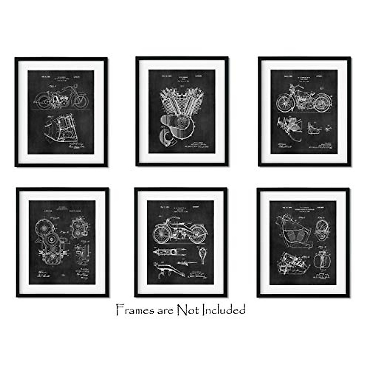 Motorcycle Patent Art Prints - Set of SIX 8"x10" - Wall Decor - Great Gift for Motorcycle Lovers - Chalkboard