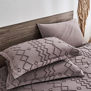 FLYMME Taupe Tufted Twin Comforter Set Bed in a Bag 7 Piece,Boho Shabby Chic Farmhouse Bedding Comforter with Sheets,Soft Lightweight Geometric Embroidery Comforter (Taupe, 68''x 86'')
