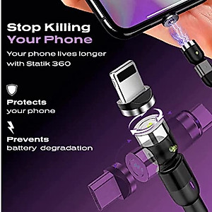 Statik 360 Rotating Magnetic Charging Cable - USB to USB C Cable, Micro-USB, Magnetic iPhone Charger, 3-in-1 Tip Adapters, Magnetic Phone Charger with LED Light, 90 Degree Right Angle, Black, 3FT/1M