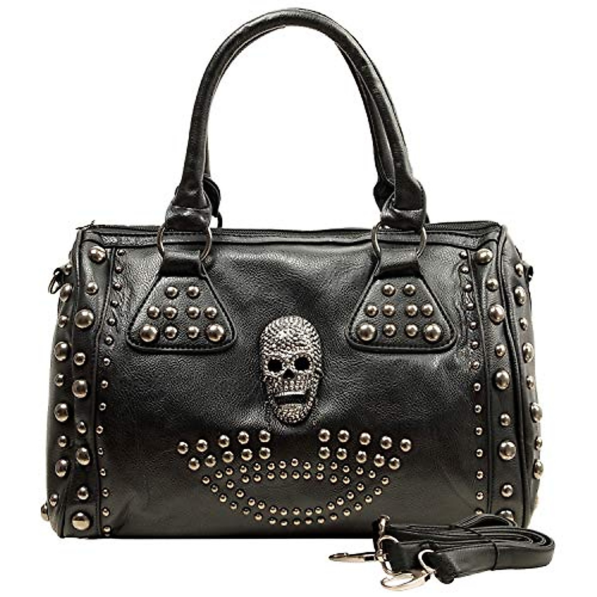 MG Collection HOWEA Black Vegan Leather Purse, Top Handle Halloween Purse with Metal Skull and Stud Ornament and Removable Shoulder Straps, Doctor Style Gothic Handbag