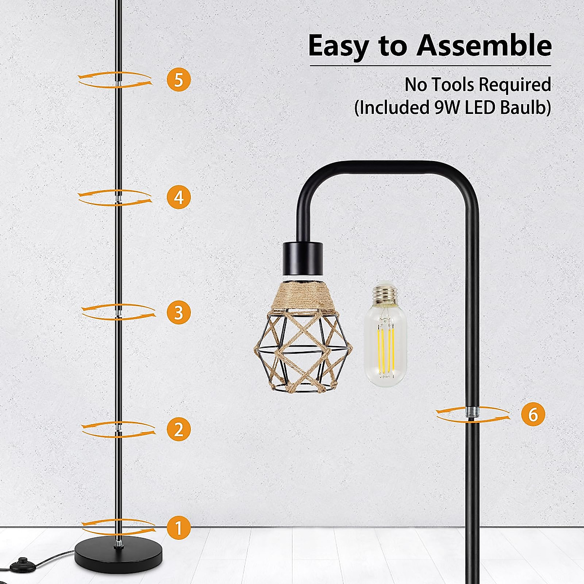 Floor Lamp, Standing Lamp with 9w Led Bulb, ETL Certified E26 Socket, Hemp Rope Design for Decorative Lighting, Modern Tall Lamp for Bedroom, Kids Room, Reading, Dorm