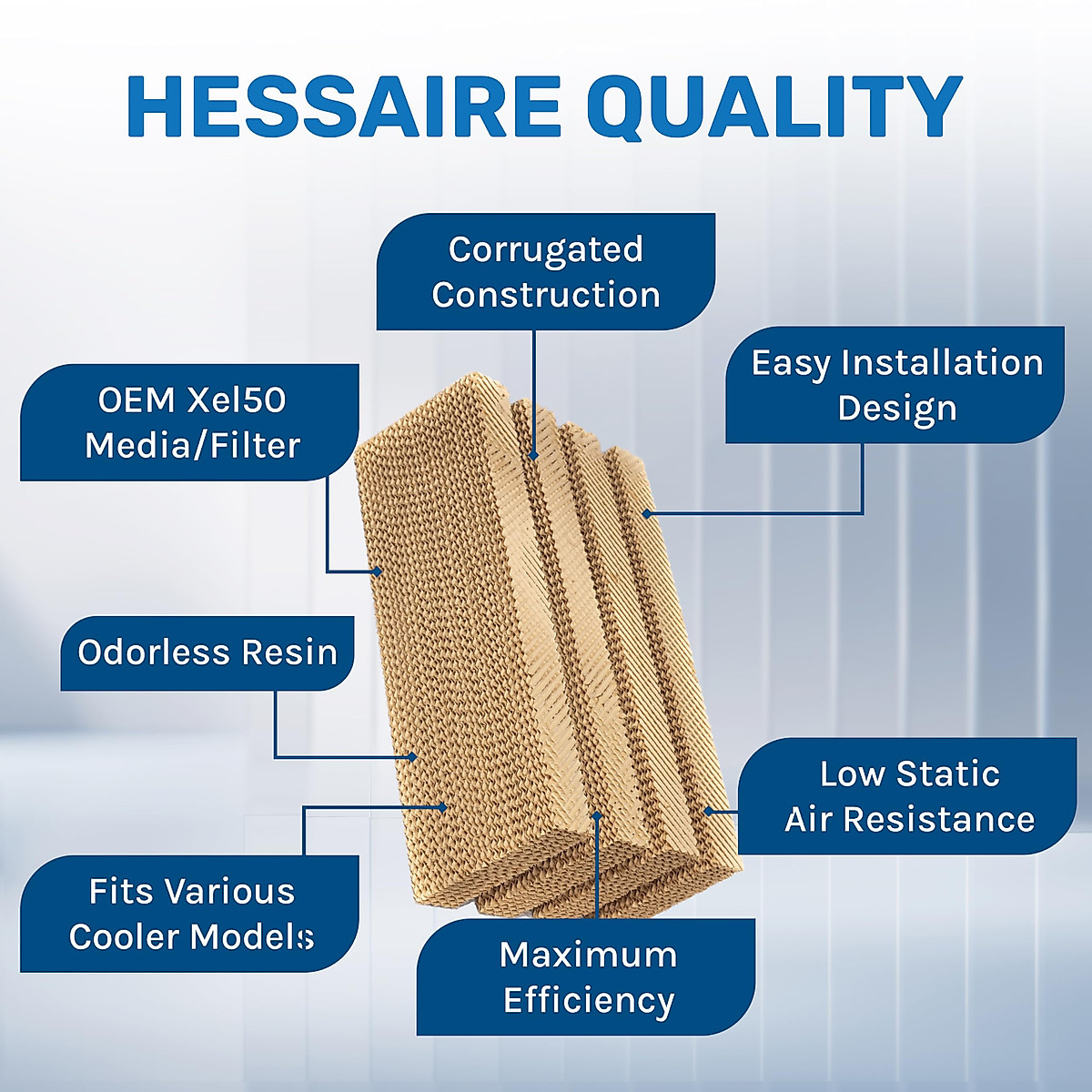 Hessaire Replacement Evaporative Cooler Pads - Swamp Cooler Replacement Pads with Corrugated Build - Low Odor Xel50 Media Evaporative Cooling Pad for 1300 CFM Mobile Cooler Fan - 1 Panel, 19” x 17”