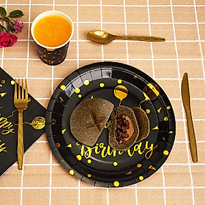 200 pieces of black and gold birthday party supplies, disposable happy birthday tableware set, gold plastic knives, forks, spoons, straws. Birthday themed tray, cup,25Guests (black)