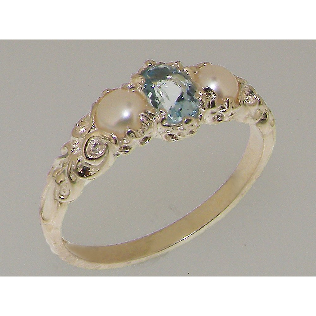 LetsBuyGold 925 Sterling Silver Real Genuine Aquamarine & Cultured Pearl Womens Trilogy Ring - Size 11