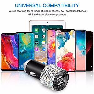 Otostar Dual USB Car Charger, 4.8A Output, Bling Crystal Diamond Car Decorations Accessories Fast Charging Adapter for iPhones Android iOS, Samsung Galaxy, LG, Nexus, HTC (Silver)