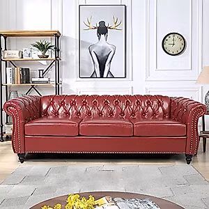 wirrytor Chesterfield Classic Sofa, Modern Leather 3 Seater Sofa, Upholstered Tufted Back Settee Couch with Rolled Arms Nailhead Trim for Living Room Bedroom(Burgundy)