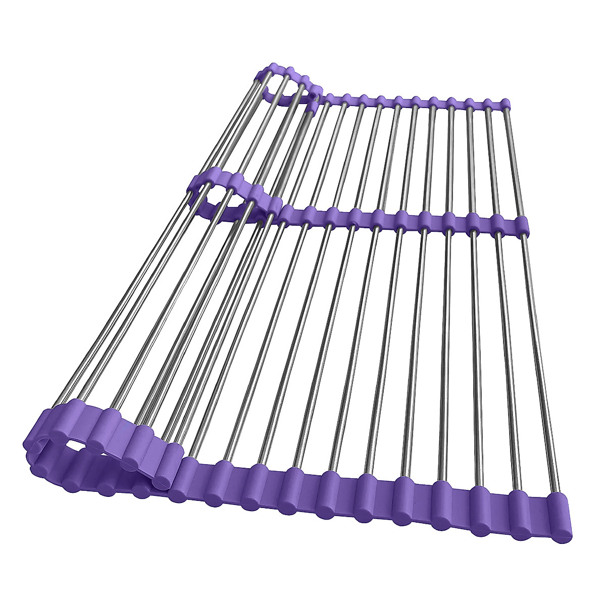 Total Rack Multipurpose Over-Sink Dish-Drying Rack, Cooling, Crisping, Roasting & Serving, Trivet, Nonslip Silicone Grips, Expandable 14" to 21" Stainless-Steel Roll Out Rack - Purple