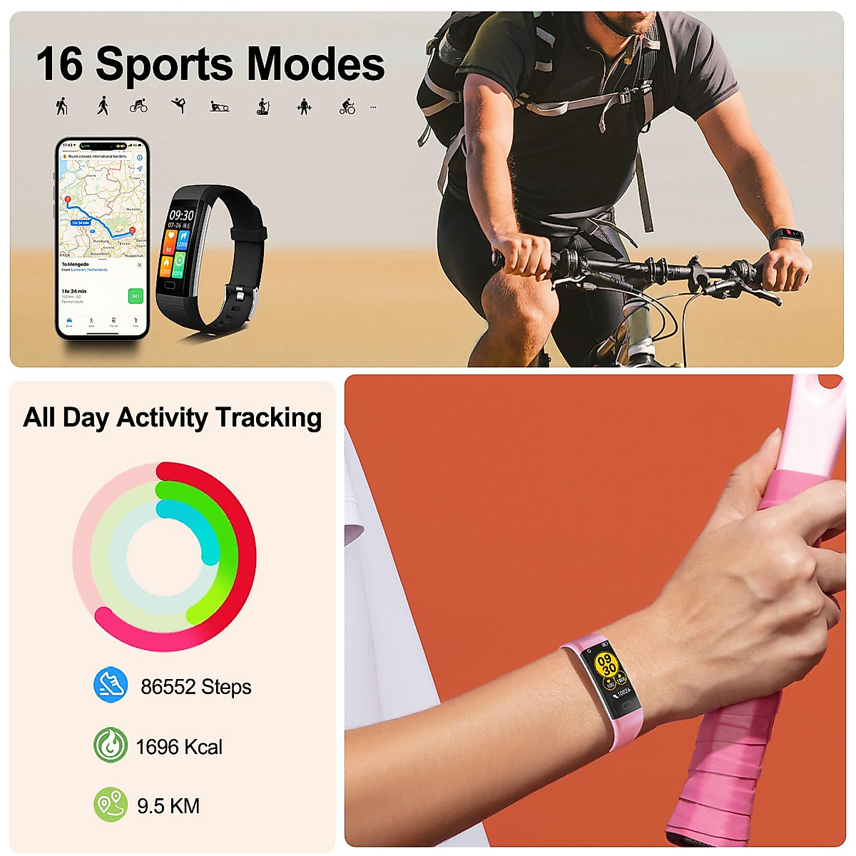 ENGERWALL Fitness Tracker with Step Counter/Calories/Stopwatch, Activity Tracker with Heart Rate Monitor, IP68, Health Tracker with Sleep Tracker, Smartwatch, Pedometer Watch for Women Men Kids