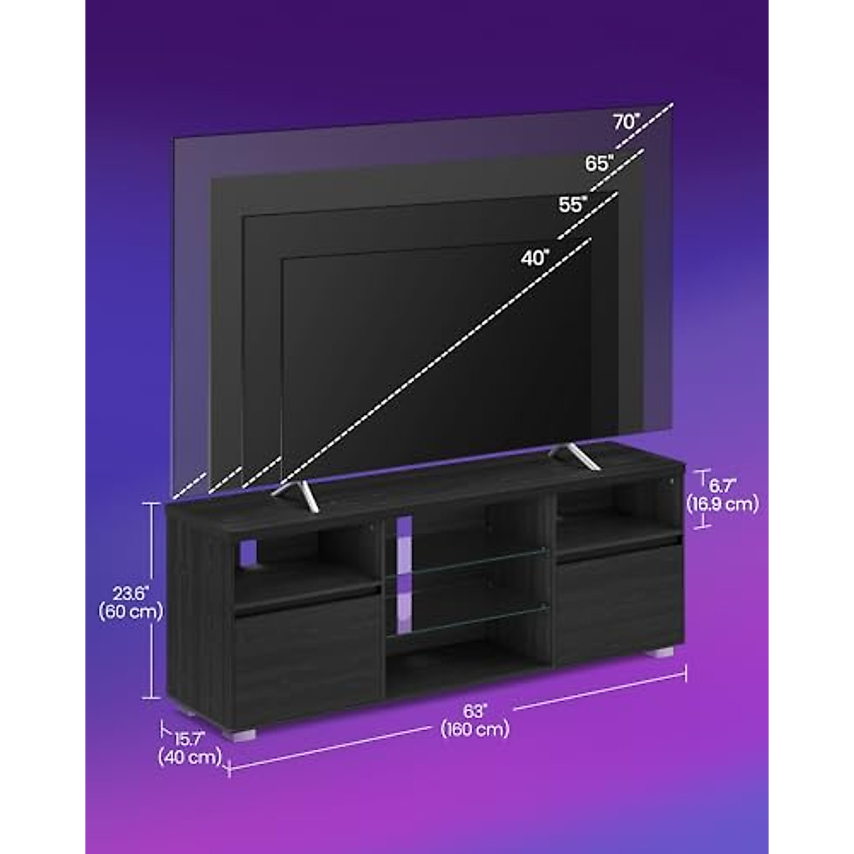 VASAGLE TV Stand with LED Lights for TVs up to 70 Inch, Entertainment Center with Open Glass Shelves, 2 Cabinets with Doors, 63-Inch Long, TV Console for Bedroom Living Room, Black ULTV330T21