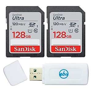 SanDisk 128GB SDXC SD Ultra Memory Card (Two Pack) Works with Canon EOS Rebel T7, Rebel T6, 77D Digital Camera Class 10 (SDSDUN4-128G-GN6IN) Bundle with (1) Everything But Stromboli Combo Card Reader