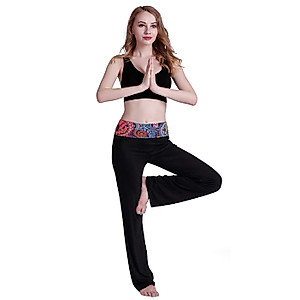 HDE Foldover Athletic Yoga Pants Gym Workout Leggings (Purple Paisley, Large)