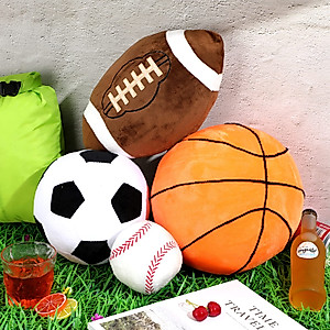 Sratte 4 Pcs Stuffed Sports Pillows Toy Set, Soft Plush Basketball Soccer Ball Football Baseball Pillow Sports Shaped Throw Pillows Cute Cushion Pillow for Room Bedroom Decor Indoor Gifts
